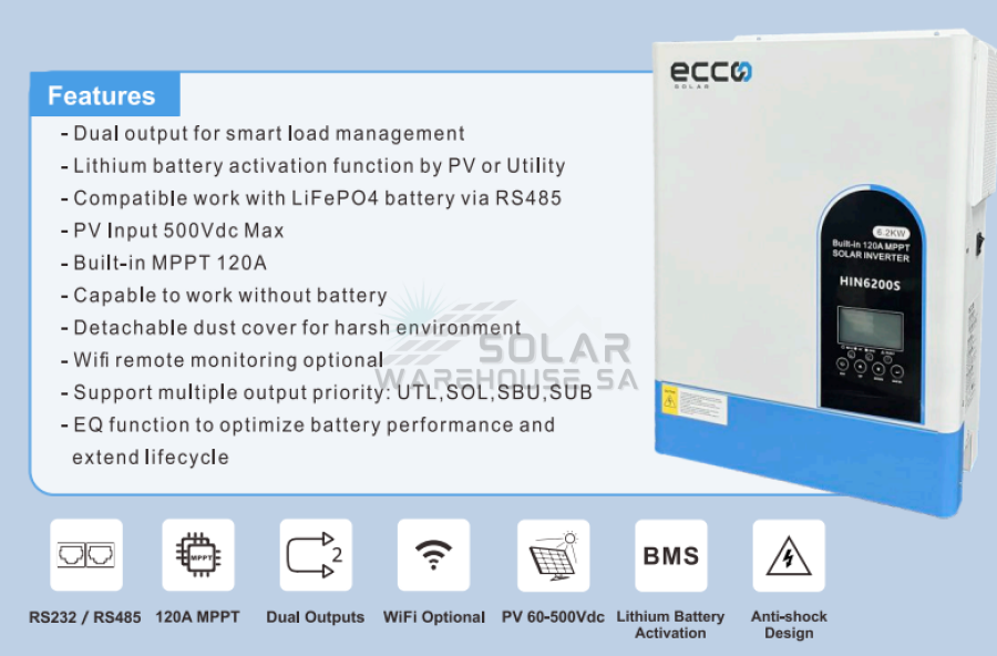 6200VA / 6200W Ecco Solar Ready Hybrid Inverter Trolley 5.12 KWh ...