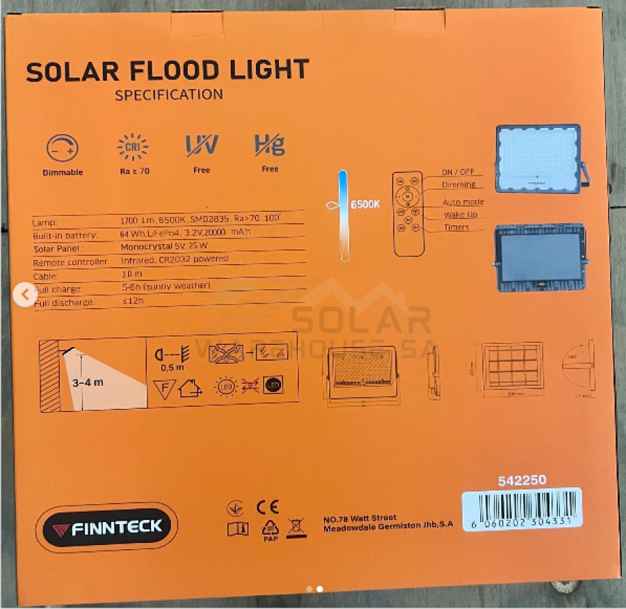 Finnteck 250W Finniteck LED Solar Flood Light Set 1700LM IP65 | Solar ...